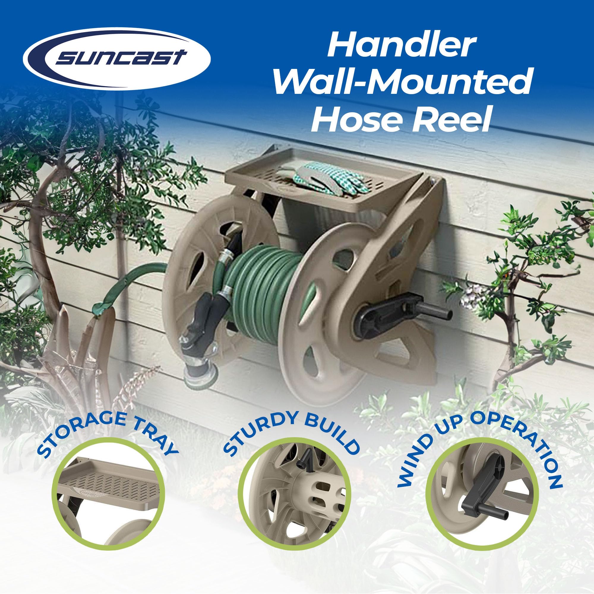 Suncast Handler Durable Hard Plastic Wall Mounted Outdoor Retractable Garden Hose Reel with Storage Tray and 200 Feet Hose Capacity, Taupe