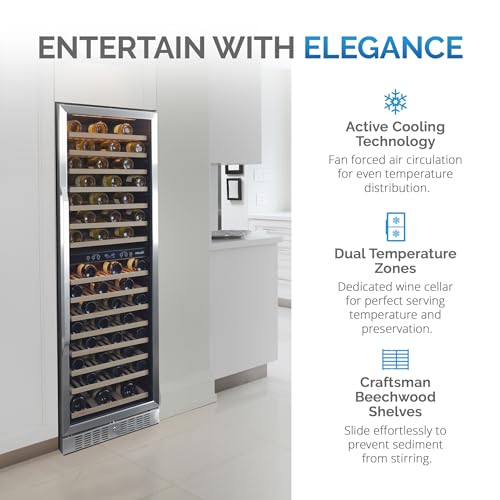 NewAir 24" Wine Cooler Refrigerator, Large 160 Bottle Built-in or Freestanding Dual Zone Wine Cellar in Stainless Steel with Precision Thermostat, and Full Extension Beechwood Shelves