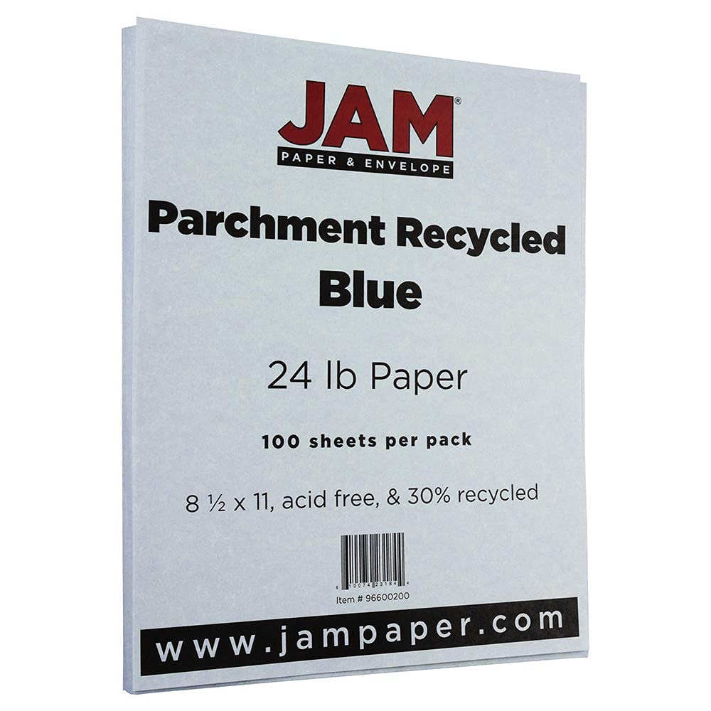 JAM PAPER Parchment 24lb Paper - 90 gsm - 8.5 x 11 - Blue Recycled - 50 Sheets/Pack