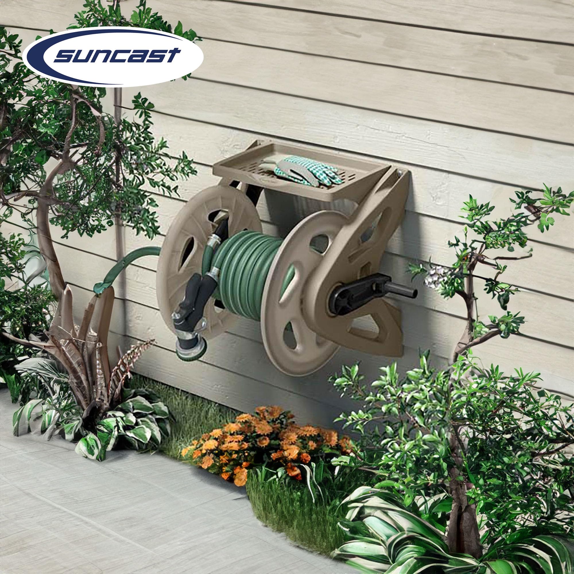 Suncast Handler Durable Hard Plastic Wall Mounted Outdoor Retractable Garden Hose Reel with Storage Tray and 200 Feet Hose Capacity, Taupe