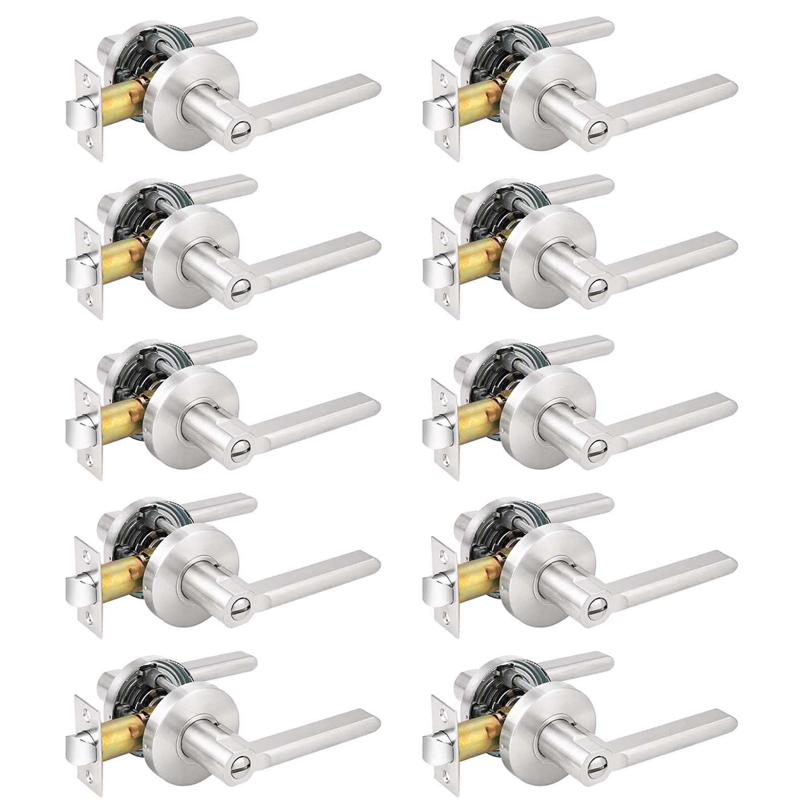 Probrico Bed/Bath Room Door Lever Modern Flat Handles in Satin Nickel, Privacy Door Lever Locks, Contractor Pack(10Pack)
