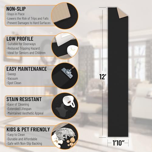 Machine Washable Modern Solid Design Non-Slip Rubberback 2x12 Traditional Runner Rug for Hallway, Kitchen, Bedroom, Living Room, 1'10" x 12', Black