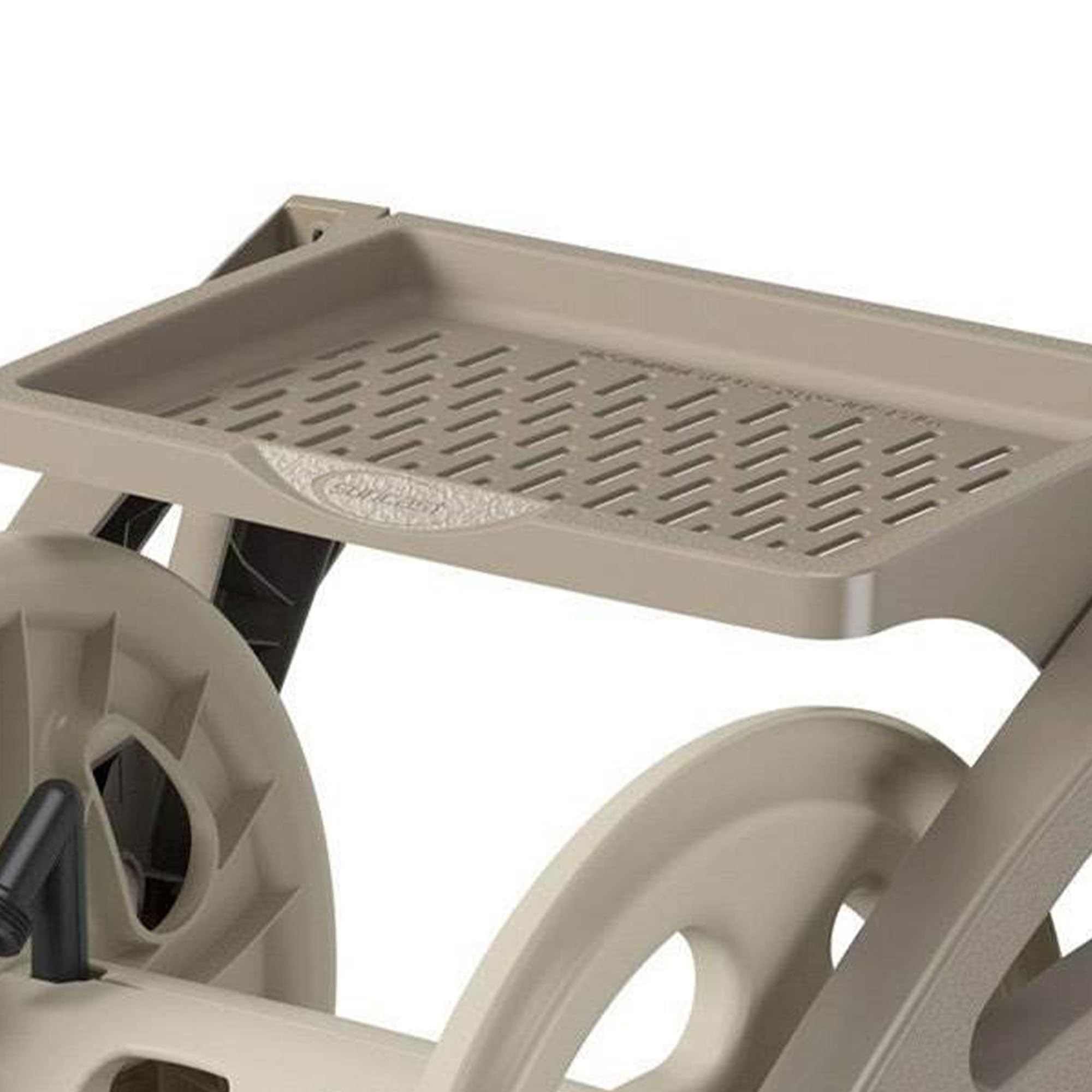 Suncast Handler Durable Hard Plastic Wall Mounted Outdoor Retractable Garden Hose Reel with Storage Tray and 200 Feet Hose Capacity, Taupe