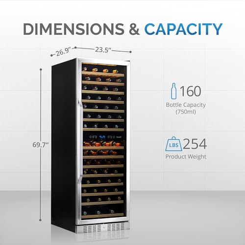 NewAir 24" Wine Cooler Refrigerator, Large 160 Bottle Built-in or Freestanding Dual Zone Wine Cellar in Stainless Steel with Precision Thermostat, and Full Extension Beechwood Shelves