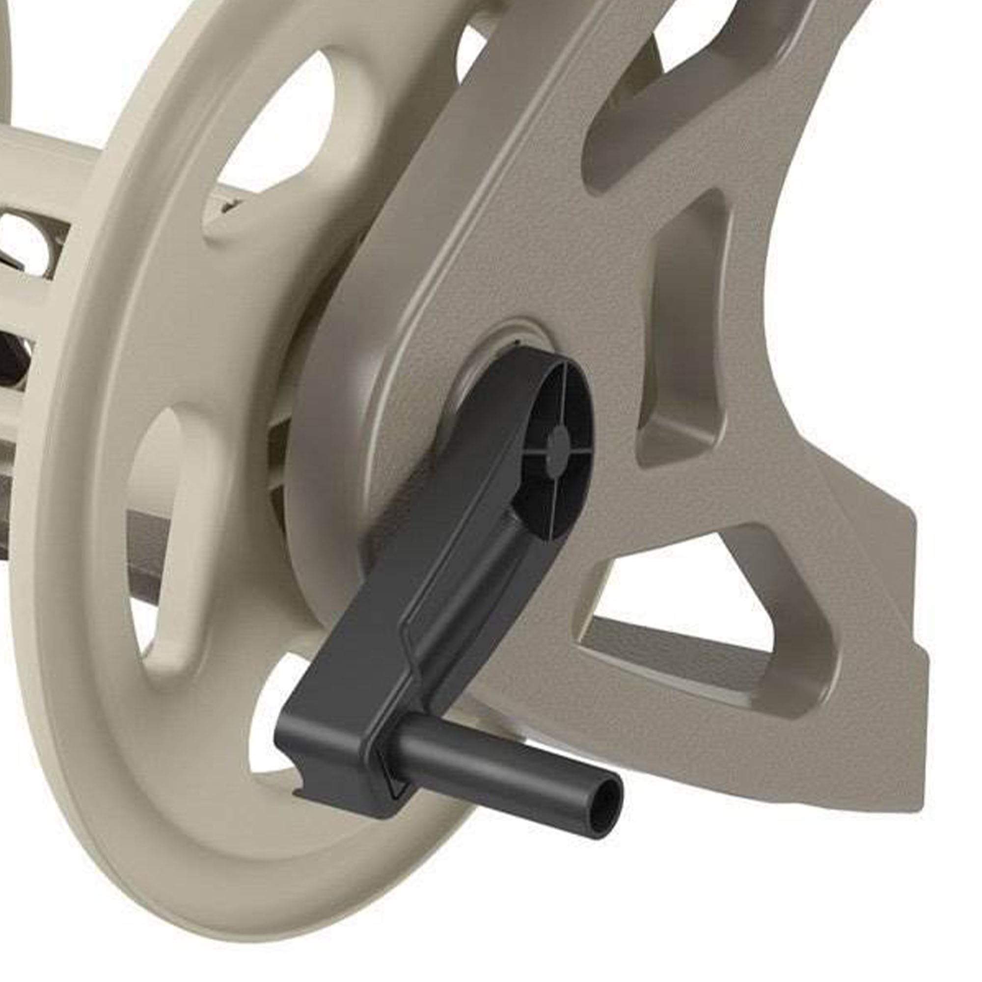 Suncast Handler Durable Hard Plastic Wall Mounted Outdoor Retractable Garden Hose Reel with Storage Tray and 200 Feet Hose Capacity, Taupe