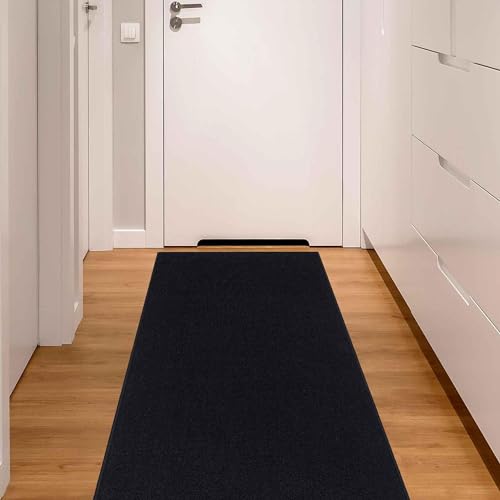 Machine Washable Modern Solid Design Non-Slip Rubberback 2x12 Traditional Runner Rug for Hallway, Kitchen, Bedroom, Living Room, 1'10" x 12', Black