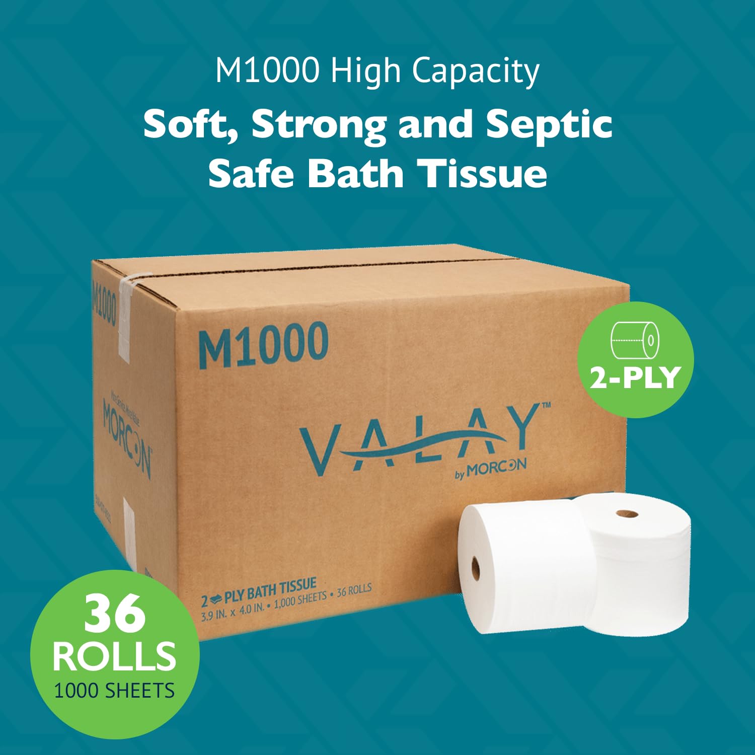 Morcon M1000 Compact Small Core Coreless Alternative, Premium Bath Tissue Roll, High Capacity Commercial Toilet Paper 2 Ply, Soft & Absorbent Tissue, 1000 Sheet Toilet Paper Per Roll, 36 Rolls