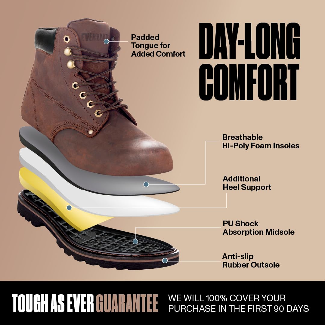 EVER BOOTS Tank Men's Soft Toe Oil Full Grain Leather Work Boots Construction Rubber Sole (10 D(M), Darkbrown)