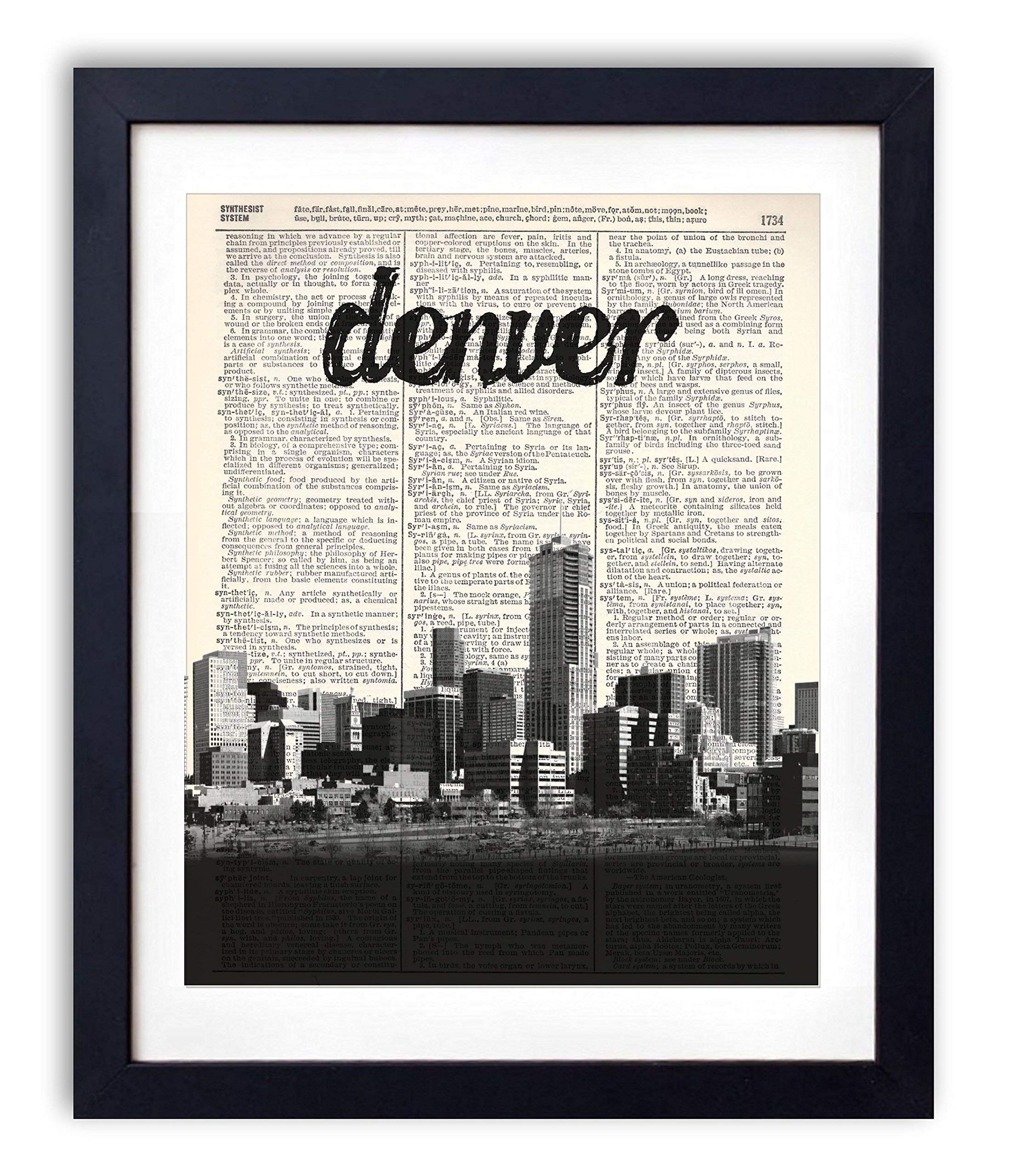 Denver Skyline With Name Vertical, Vintage Dictionary Art Print, Antique Wall Art Home Decor, Modern Boho Poster, Farmhouse Decoration Living Room Bedroom Office 8x10 Inches, Ready To Frame
