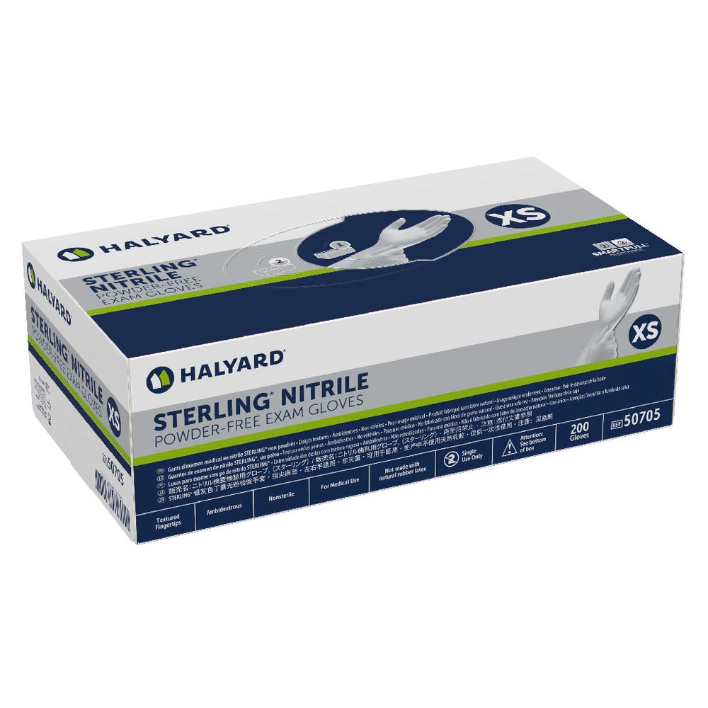 Halyard Health 50705 Nitrile Exam Glove, Non-Sterile, X-Small, Sterling (10 Boxes of 200, 2000 Total)