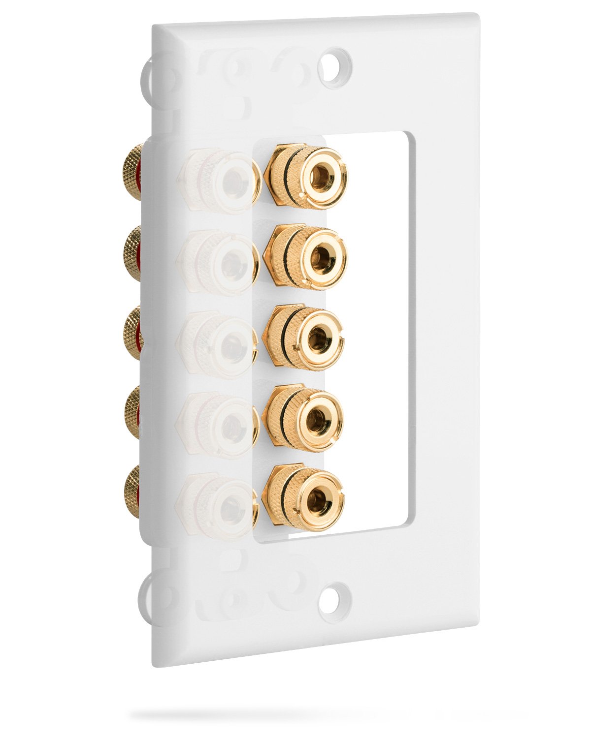 Fosmon [Five Speaker] Home Theater Wall Plate - Premium Quality Gold Plated Copper Banana Binding Post Coupler Type Audio Wall Plate for 5 Speakers (White)