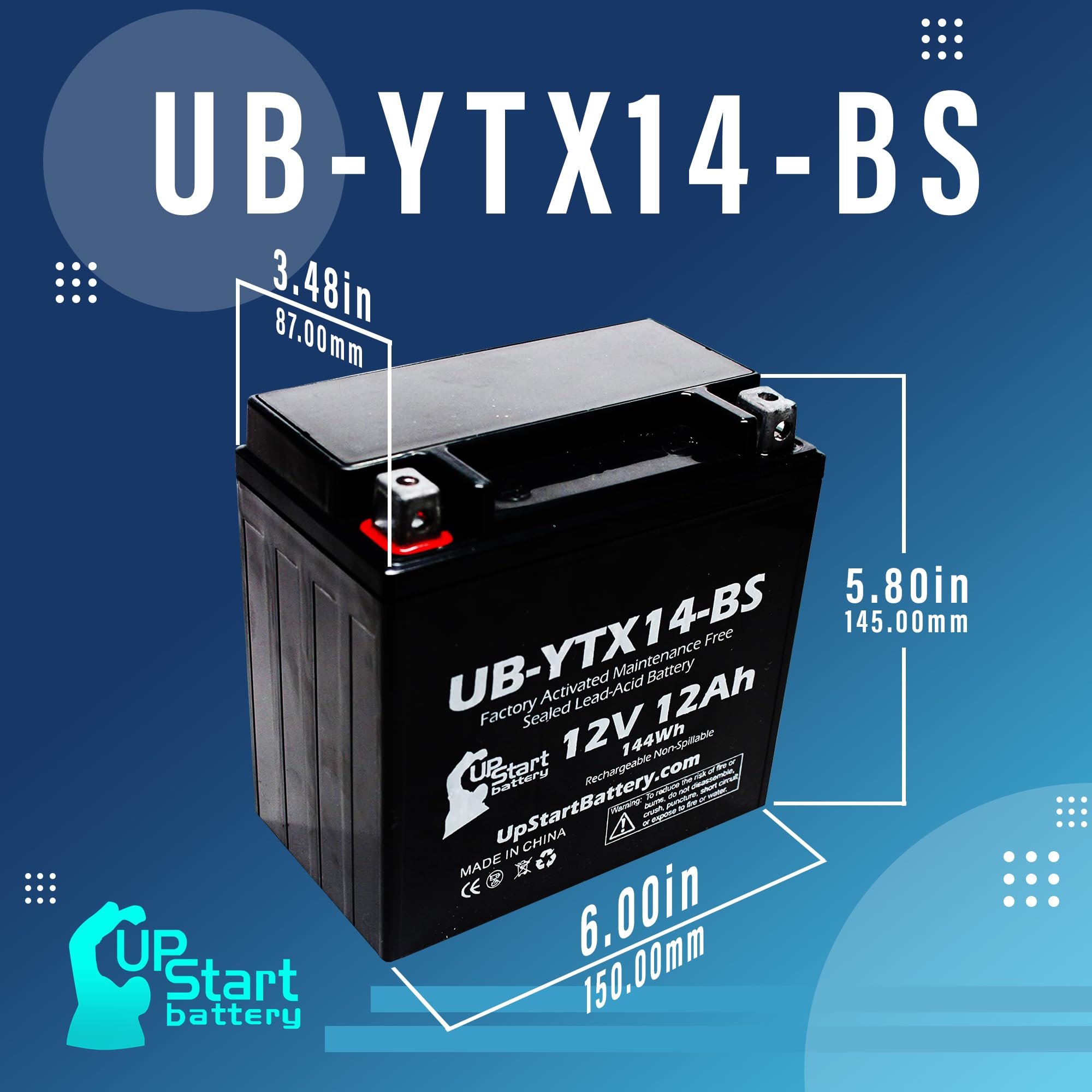 Replacement for 2004 Honda TRX350 Rancher 350 CC Factory Activated, Maintenance Free, ATV Battery - 12V, 12AH, UB-YTX14-BS
