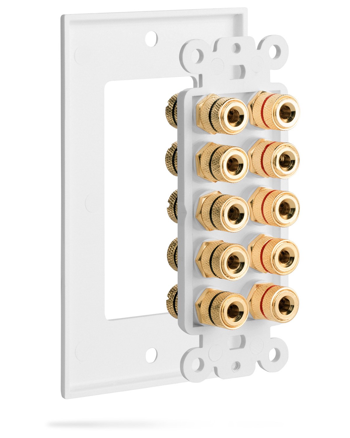 Fosmon [Five Speaker] Home Theater Wall Plate - Premium Quality Gold Plated Copper Banana Binding Post Coupler Type Audio Wall Plate for 5 Speakers (White)