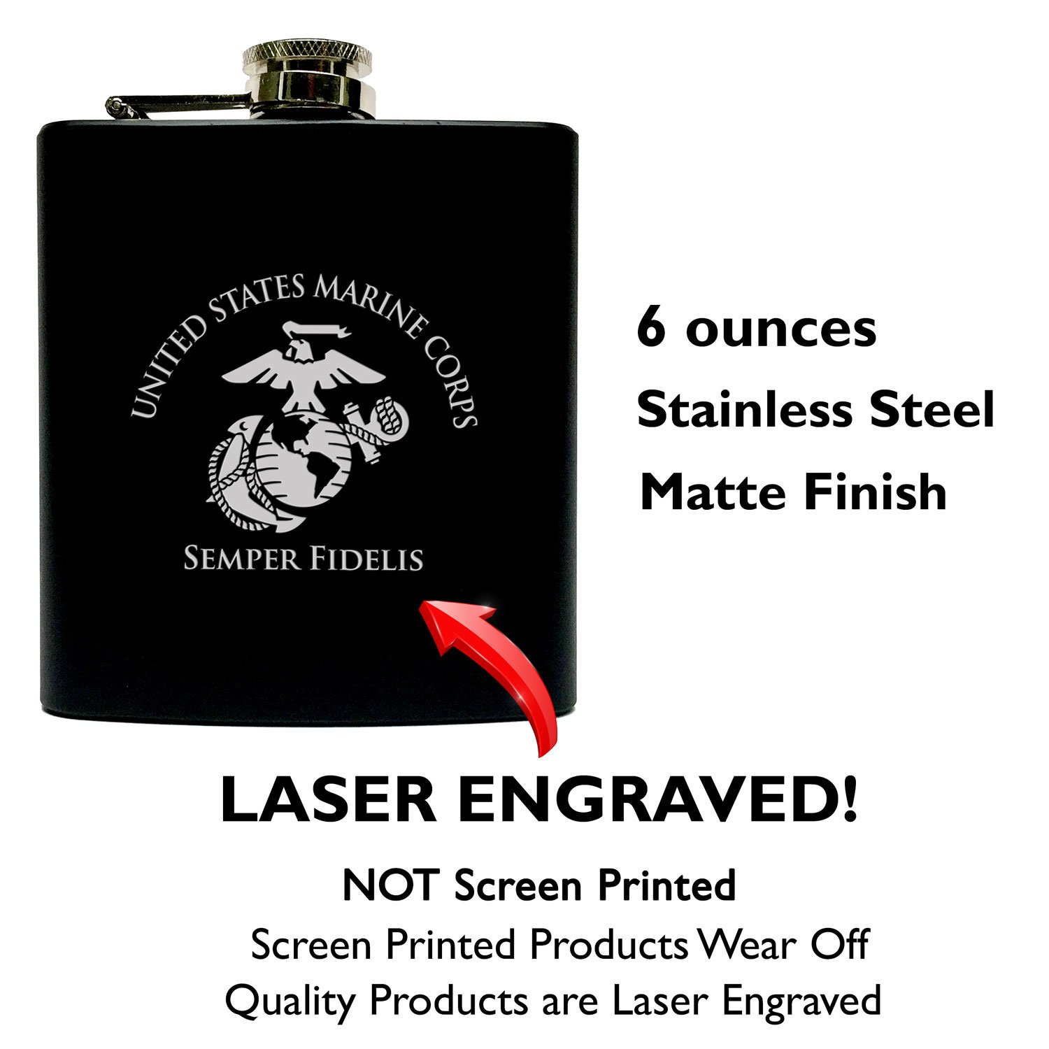 6 oz USMC Flask | Matte Black Stainless Steel Marine Corps Hip Flask for Liquor β US Marine Corps Gifts | Disabled USMC Vet Owned SMALL Business