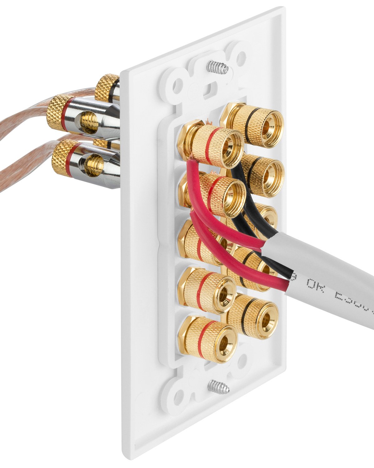 Fosmon [Five Speaker] Home Theater Wall Plate - Premium Quality Gold Plated Copper Banana Binding Post Coupler Type Audio Wall Plate for 5 Speakers (White)
