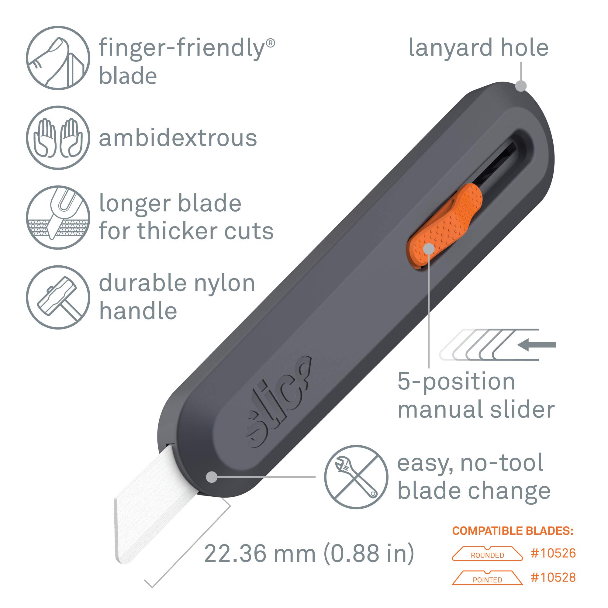 Slice 10550 5 Position Manual Locking Blade Safe Ceramic Blade Utility Knife (1 Pack), Orange