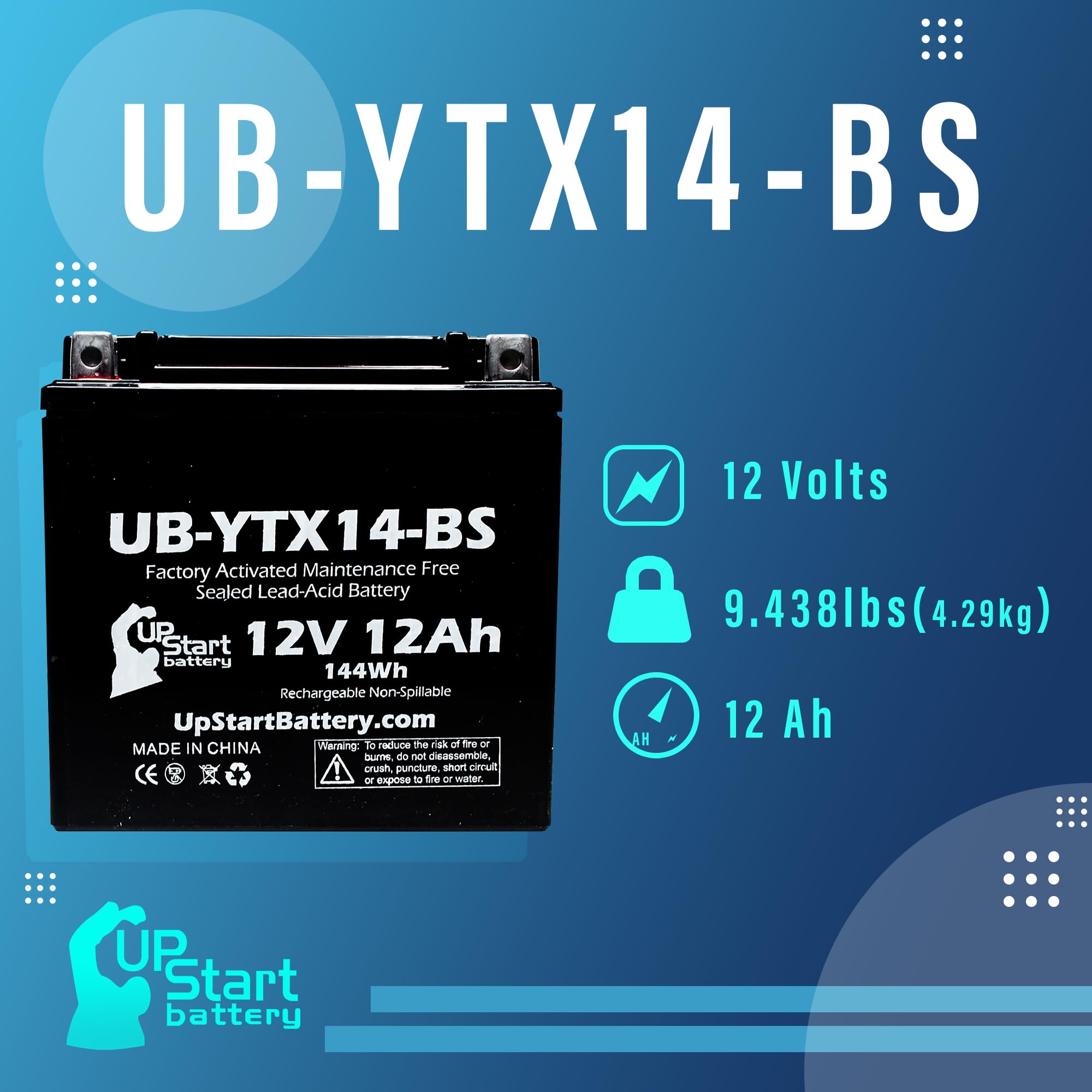 Replacement for 2003 Honda TRX350 Rancher 350 CC Factory Activated, Maintenance Free, ATV Battery - 12V, 12AH, UB-YTX14-BS