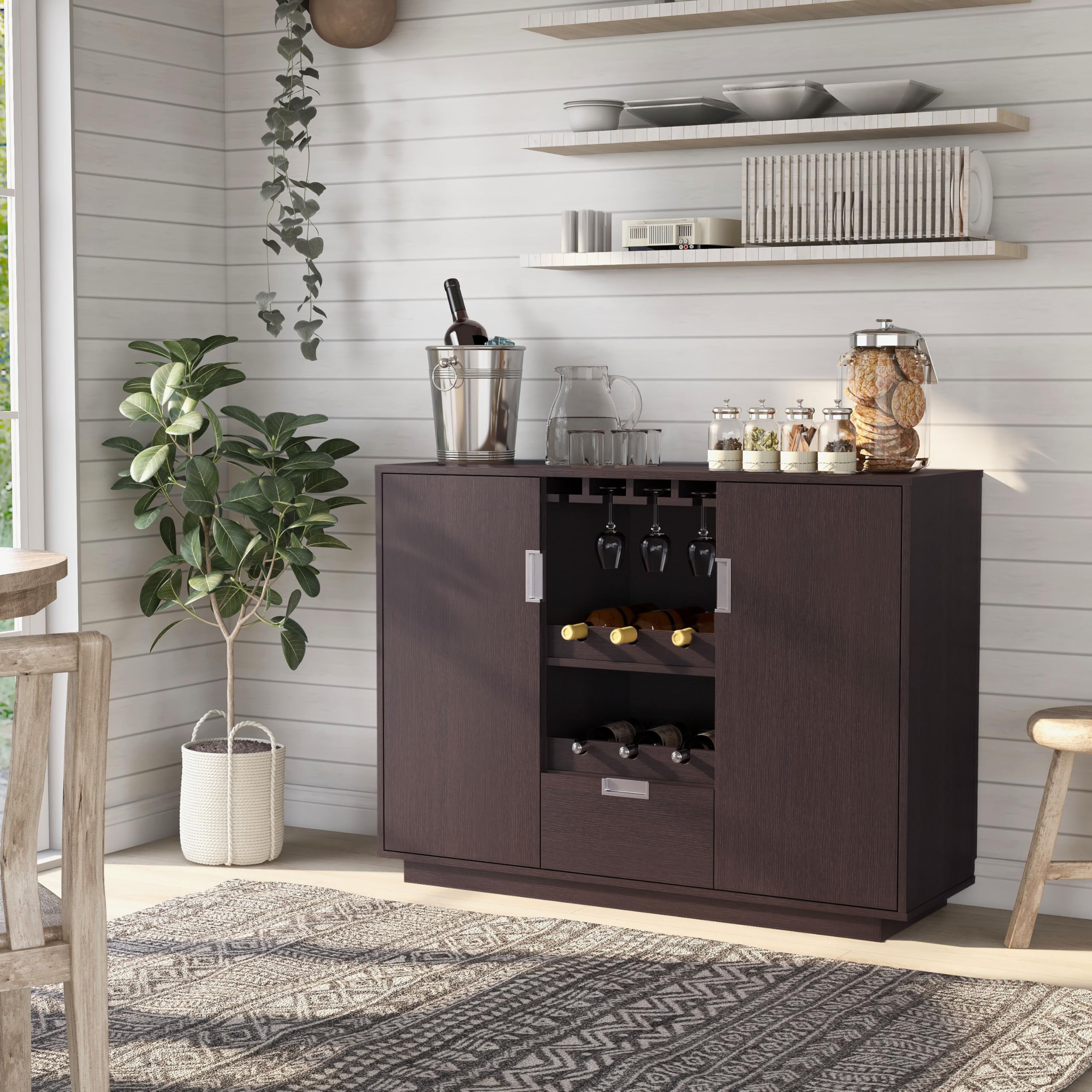 Furniture of America Mendocino Contemporary 1-Drawer, Wood Frame Dining Buffet with Wine and Glasses Display Racks, Espresso