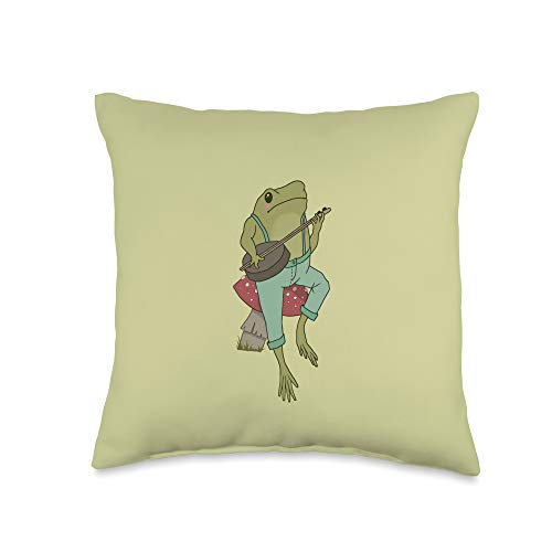 Cottagecore Aesthetic Frog Cottagecore Cute Frog Playing Banjo on Mushroom Throw Pillow, 16x16, Multicolor