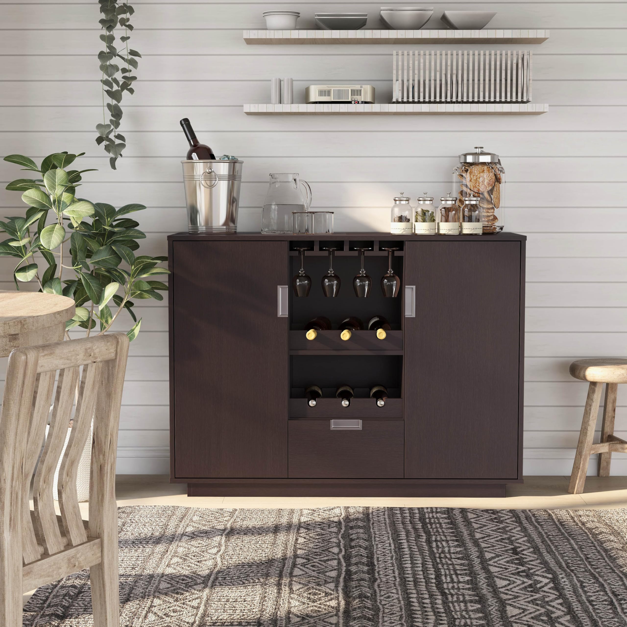 Furniture of America Mendocino Contemporary 1-Drawer, Wood Frame Dining Buffet with Wine and Glasses Display Racks, Espresso