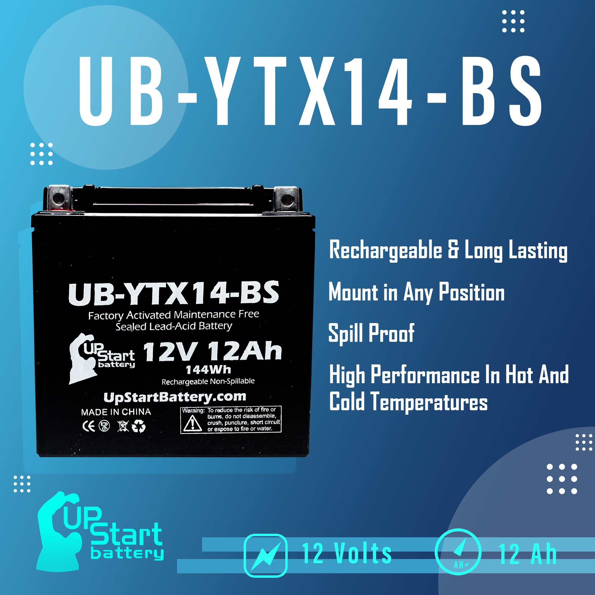 Replacement for 2003 Honda TRX350 Rancher 350 CC Factory Activated, Maintenance Free, ATV Battery - 12V, 12AH, UB-YTX14-BS