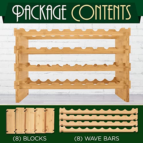 SereneLife 36 Bottle Stackable Wine Rack, 33.5β x 10β x 21β 4-Tier Large Floor Freestanding Modular Wine Bottle Storage Display Shelf Natural Bamboo Wood Construction for Kitchen and Cellar