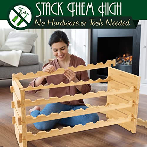 SereneLife 36 Bottle Stackable Wine Rack, 33.5β x 10β x 21β 4-Tier Large Floor Freestanding Modular Wine Bottle Storage Display Shelf Natural Bamboo Wood Construction for Kitchen and Cellar
