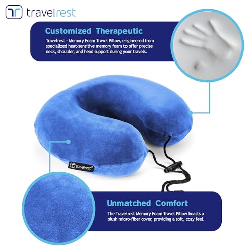 TRAVELREST - Travel & Neck Pillow, Therapeutic Memory Foam, Washable Micro-Fiber Cover, Soft and Comfortable - Head Support for Long Flights, Compact and Ergonommic Design, Attaches to Luggage - Blue