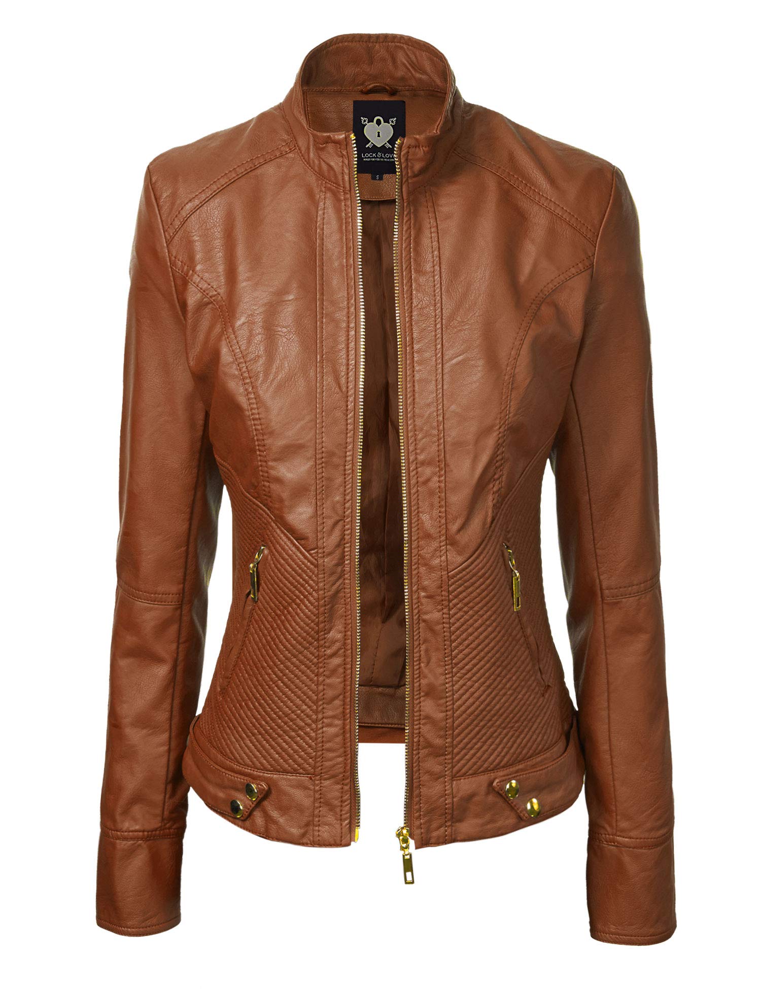 Lock and Love LL WJC747 Womens Dressy Vegan Leather Biker Jacket L Camel