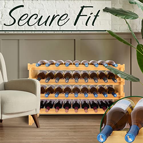 SereneLife 36 Bottle Stackable Wine Rack, 33.5β x 10β x 21β 4-Tier Large Floor Freestanding Modular Wine Bottle Storage Display Shelf Natural Bamboo Wood Construction for Kitchen and Cellar