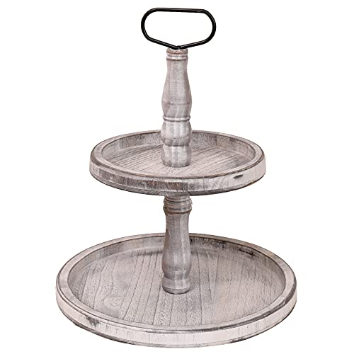 Vintage Wood Two Tiered Tray with Round Metal Handle,Easy to Assemble 2 Tier Home Decor for Tiered Food Presentation Serving Tray,Cupcake Tray (White)