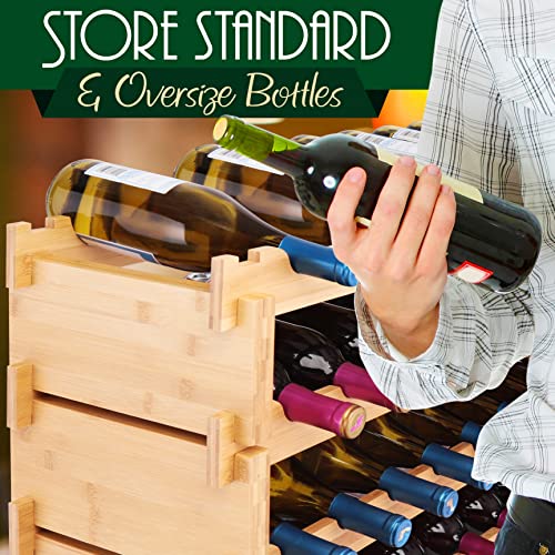 SereneLife 36 Bottle Stackable Wine Rack, 33.5β x 10β x 21β 4-Tier Large Floor Freestanding Modular Wine Bottle Storage Display Shelf Natural Bamboo Wood Construction for Kitchen and Cellar
