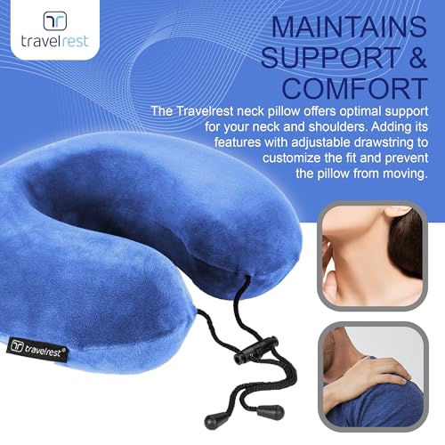 TRAVELREST - Travel & Neck Pillow, Therapeutic Memory Foam, Washable Micro-Fiber Cover, Soft and Comfortable - Head Support for Long Flights, Compact and Ergonommic Design, Attaches to Luggage - Blue