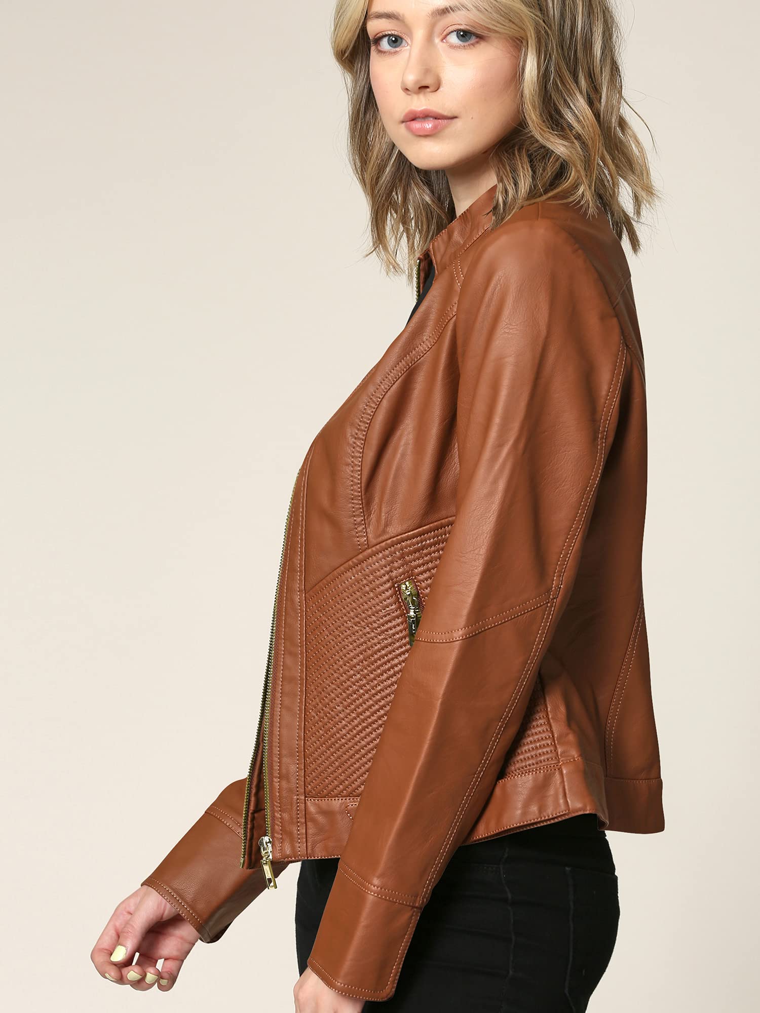 Lock and Love LL WJC747 Womens Dressy Vegan Leather Biker Jacket L Camel