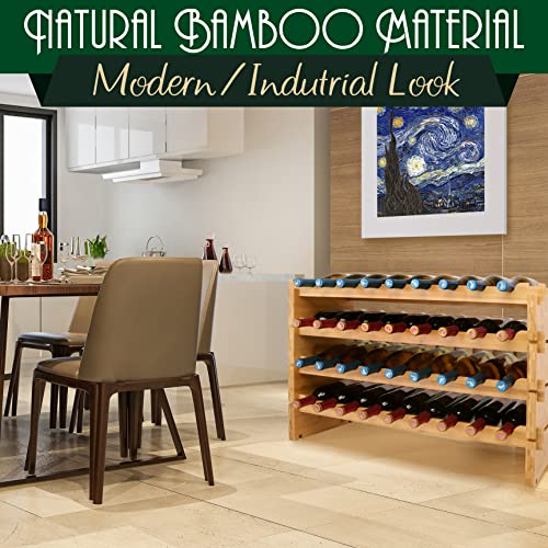 SereneLife 36 Bottle Stackable Wine Rack, 33.5β x 10β x 21β 4-Tier Large Floor Freestanding Modular Wine Bottle Storage Display Shelf Natural Bamboo Wood Construction for Kitchen and Cellar