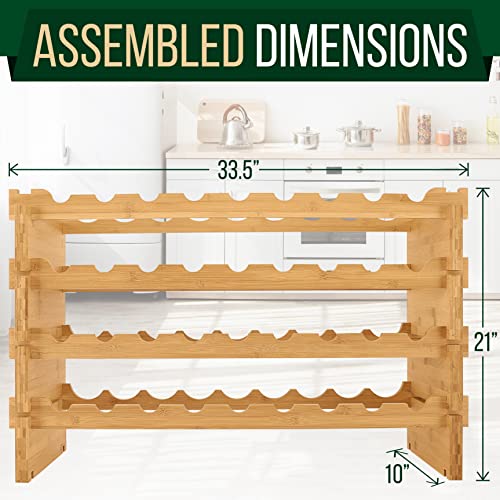 SereneLife 36 Bottle Stackable Wine Rack, 33.5β x 10β x 21β 4-Tier Large Floor Freestanding Modular Wine Bottle Storage Display Shelf Natural Bamboo Wood Construction for Kitchen and Cellar