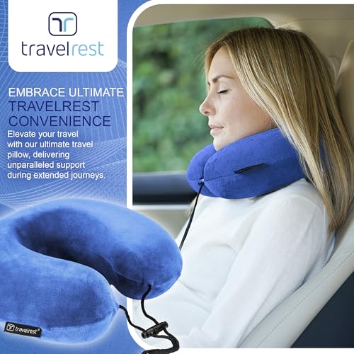 TRAVELREST - Travel & Neck Pillow, Therapeutic Memory Foam, Washable Micro-Fiber Cover, Soft and Comfortable - Head Support for Long Flights, Compact and Ergonommic Design, Attaches to Luggage - Blue