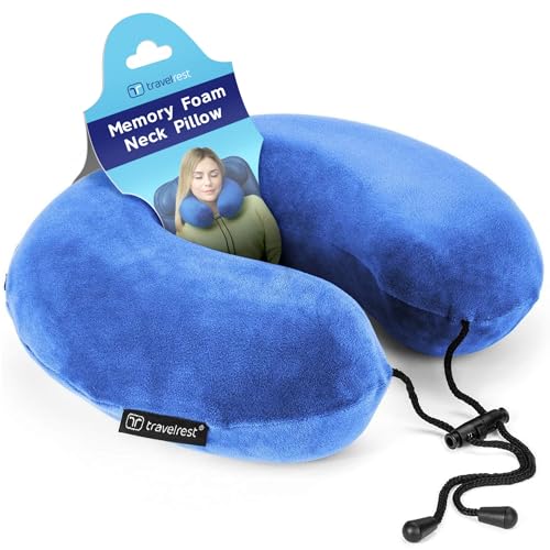TRAVELREST - Travel & Neck Pillow, Therapeutic Memory Foam, Washable Micro-Fiber Cover, Soft and Comfortable - Head Support for Long Flights, Compact and Ergonommic Design, Attaches to Luggage - Blue