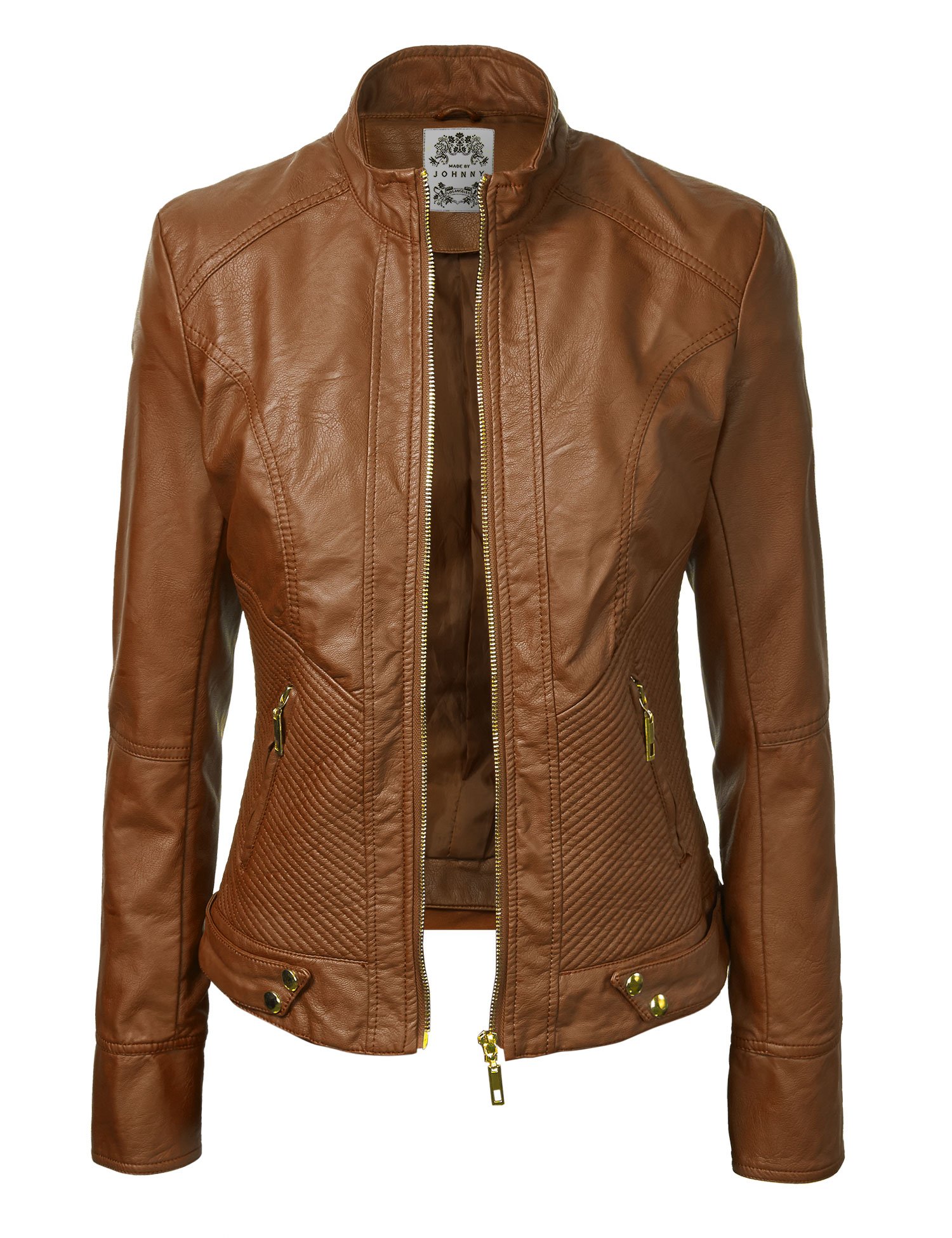 Lock and Love LL WJC747 Womens Dressy Vegan Leather Biker Jacket L Camel