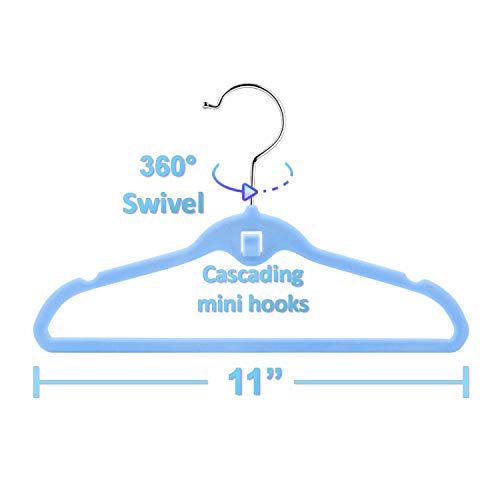 HozyFrozy Multi-Color Premium Kids Velvet Hangers with Mini Hooks, Pack of 30, Non-Slip Space Saving Cascading Clothes Hangers, Navy Blue, Light Blue and Grey, 10 Units Each