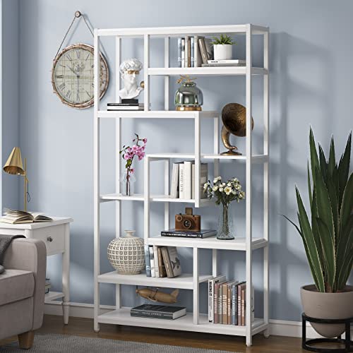 Tribesigns 8-Shelves Staggered Bookshelf, Rustic Industrial Etagere Bookcase for Office, Vintage Book Shelves Display Shelf Organizer for Home Garden (White)