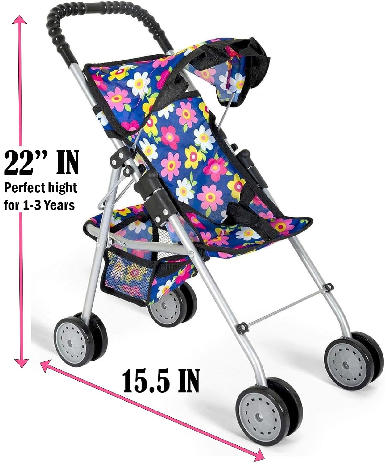 fash n kolor® - Doll Stroller My First Baby Doll Strollers Toy - Flower Design with Basket in The Bottom- Doll Accessories 2 Free Magic Bottles Included - New Year Gift, Boys, Girls