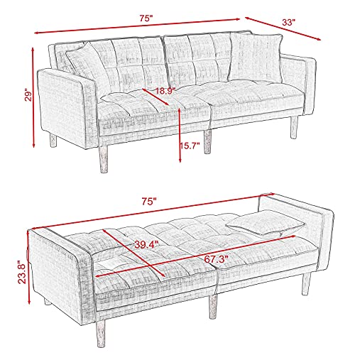 QSSLLC Futon Sofa Bed Convertible Loveseat, Sleeper Sofa with 2 Pillows and Solid Wood Legs, 76 inchL Sofa Couch for Compact Living Space, Apartment, Dorm - Dark Gray