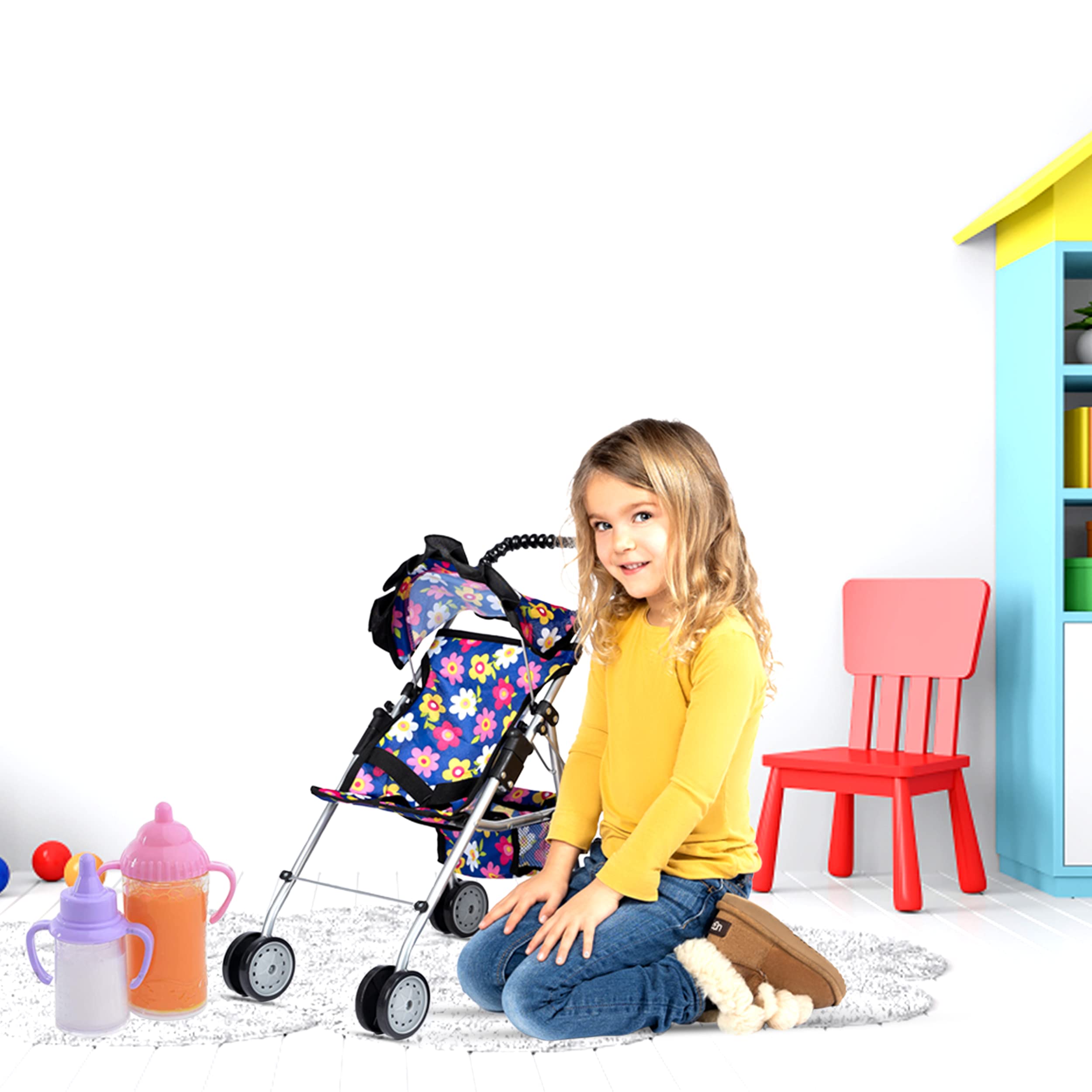 fash n kolor® - Doll Stroller My First Baby Doll Strollers Toy - Flower Design with Basket in The Bottom- Doll Accessories 2 Free Magic Bottles Included - New Year Gift, Boys, Girls