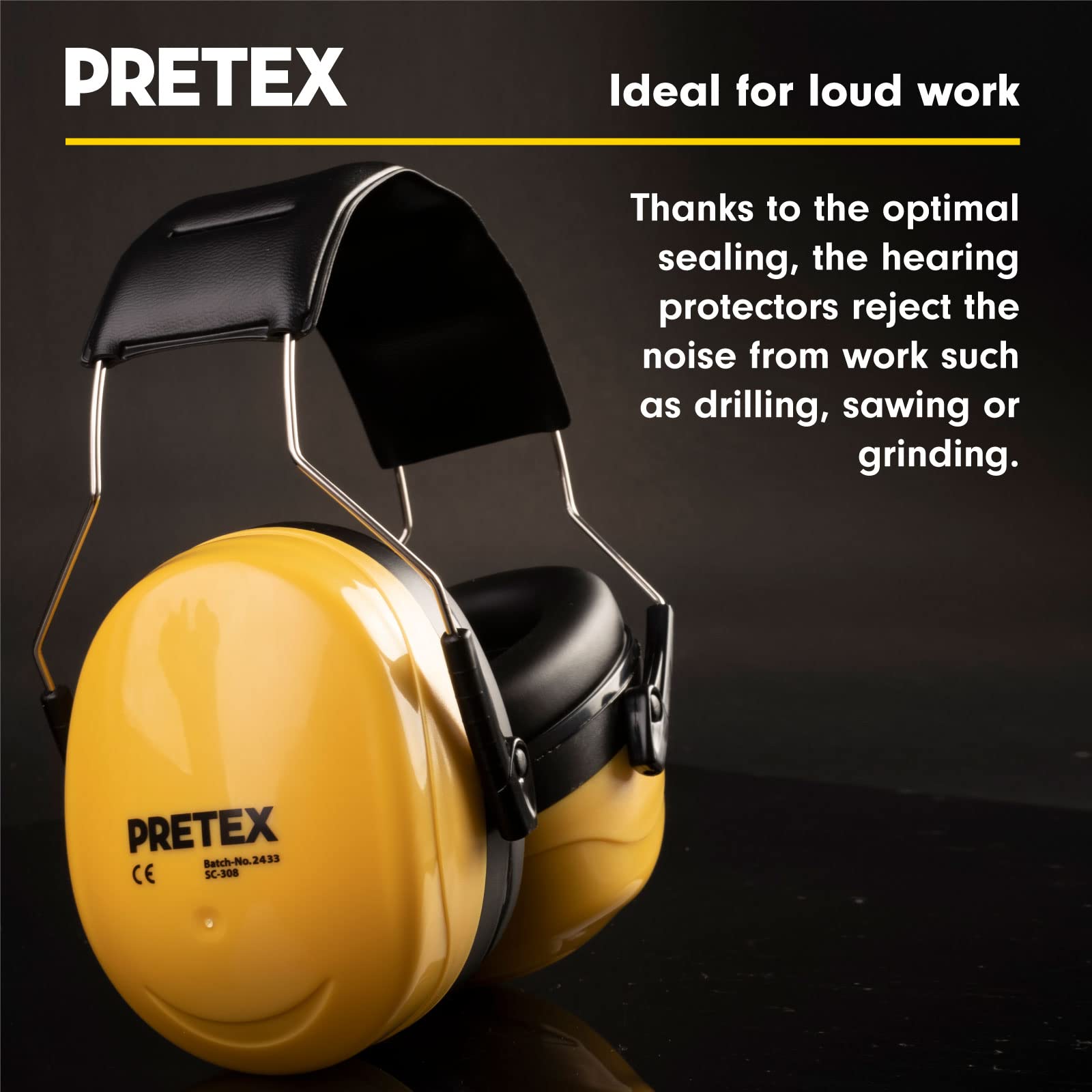 PRETEX Ear Defenders with SNR 34dB - Lightweight Ear Muffs Protection for Adults - Adjustable Noise Canceling Headphones - Over Ear Earmuffs for Work or Home - Yellow