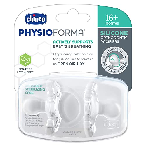 Chicco PhysioForma 100% Soft Silicone One Piece Pacifier for Babies aged 16-24 months | BPA & Latex Free | Reusable Sterilizing Case | Clear, 2pk