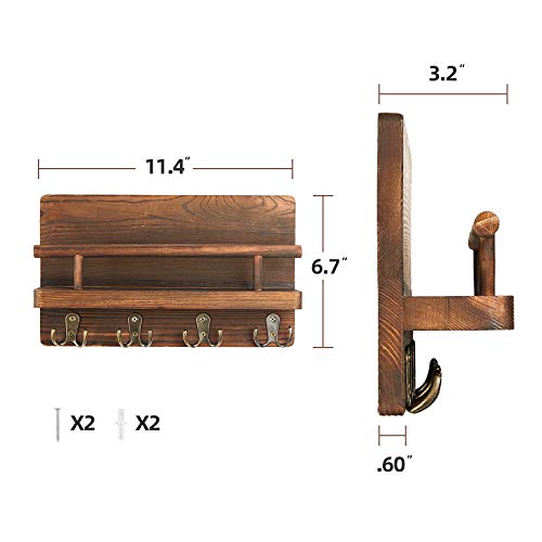 Key Holder for Wall Wooden Mail Holder for Wall Rustic Key Hanger for Wall Key Rack with 4 Double Key Hooks and A Floating Shelf Home Decor Mail Organizer Wall Mount for Entryway - All Solid Pine Wood