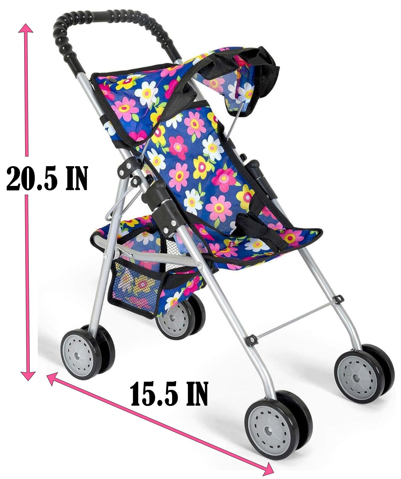 fash n kolor® - Doll Stroller My First Baby Doll Strollers Toy - Flower Design with Basket in The Bottom- Doll Accessories 2 Free Magic Bottles Included - New Year Gift, Boys, Girls