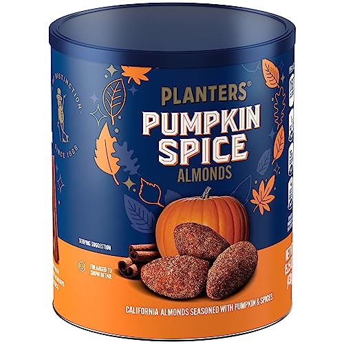 PLANTERS Fall Edition Pumpkin Spice Almonds, Pumpkin Spice Snacks, Cooking & Baking Nuts & Seeds, Flavored Almonds, Seasonal Nuts, Fall Party Snacks, Plant-Based Protein, 15.25 oz Canister