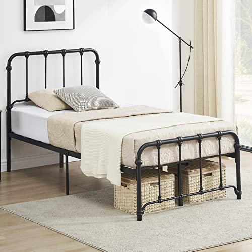 IDEALHOUSE Metal Bed Frame Twin Size, 12 inch Platform Bed with Vintage Headboard and Footboard Sturdy Premium Steel Slat Support